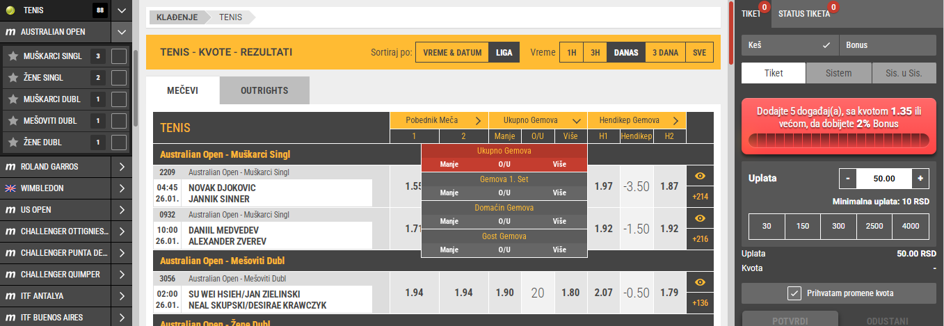 Klađenje plus/minus gemova i setova - Sportska Kladionica